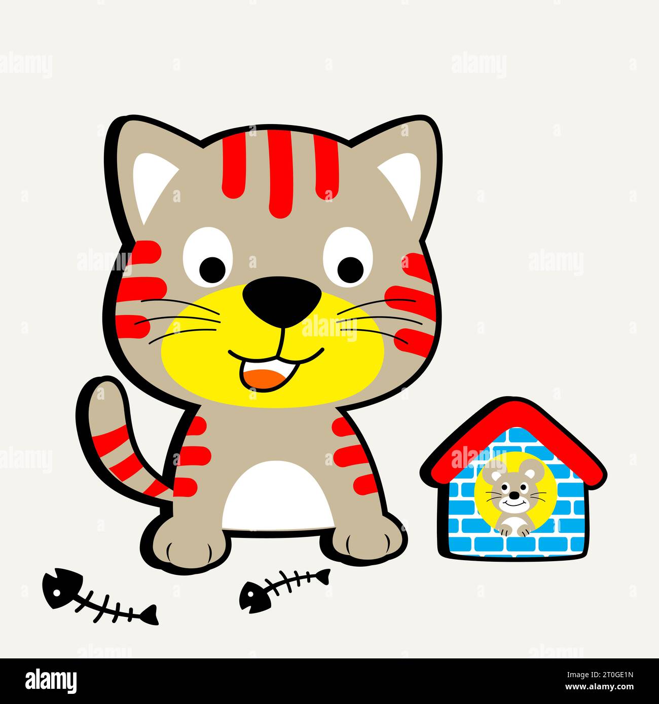 Funny cat and mice with fish bone, vector cartoon illustration Stock ...