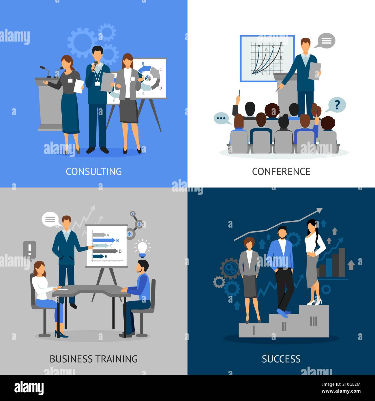 Flat 2x2 images set of business education by consultating conference ...