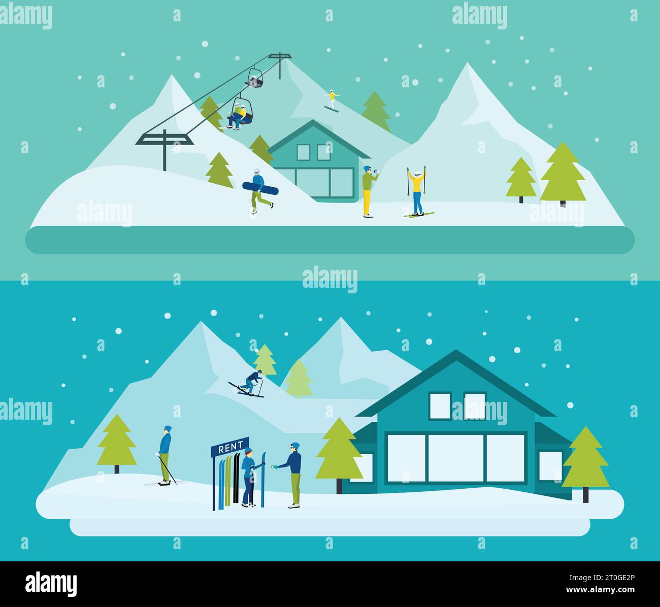 Ski resort horizontal banner set with mountains on background isolated ...