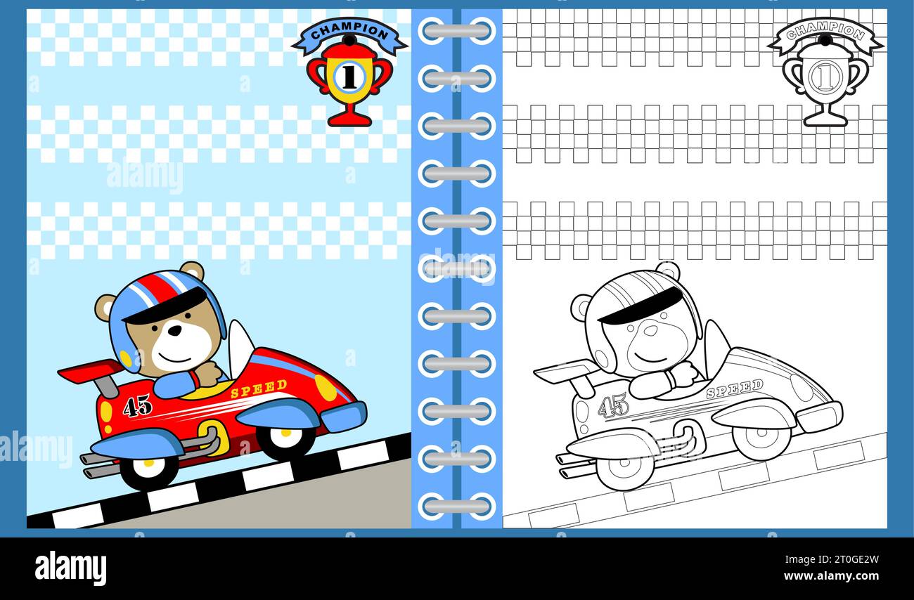 Vector cartoon of funny bear on racing car, coloring book or page Stock ...