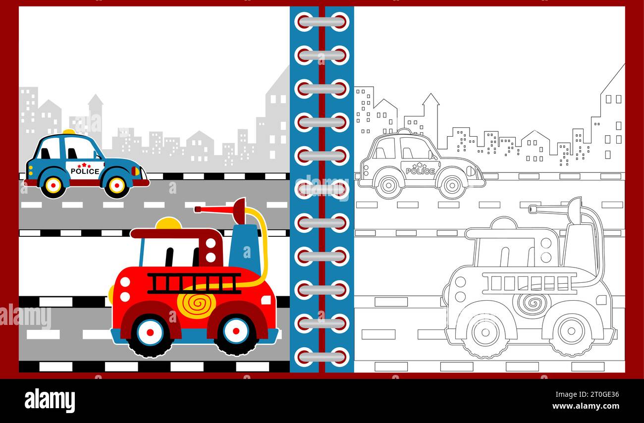 Vector illustration of cartoon rescue vehicle team, coloring book or ...