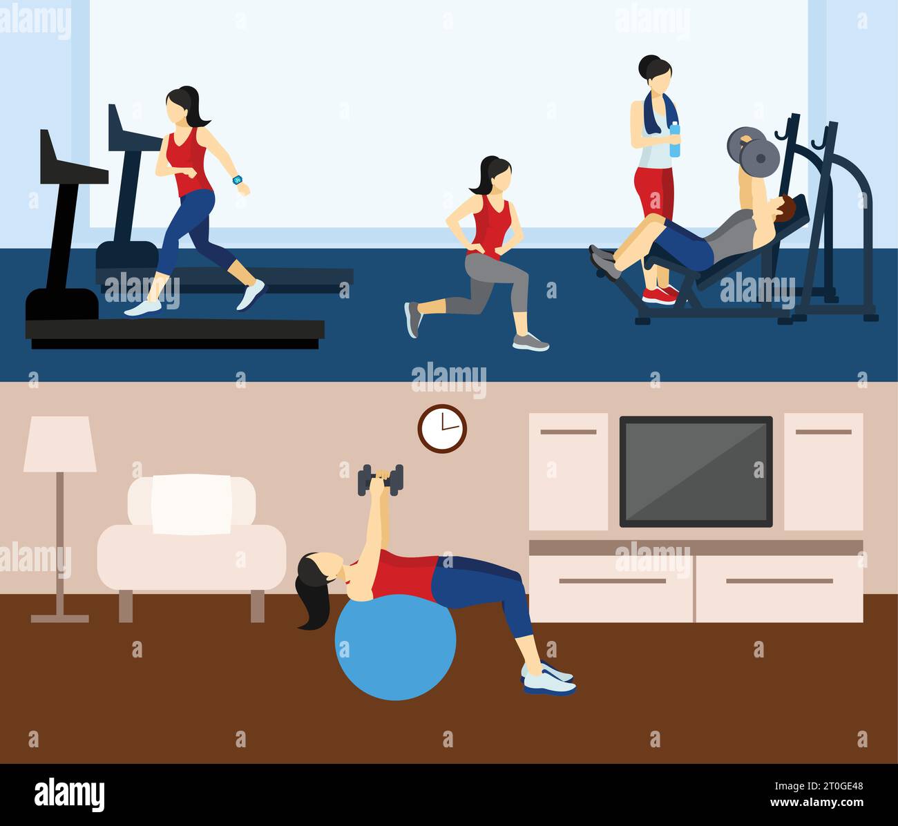 Fitness workout horizontal banner set with people doing sports at home ...