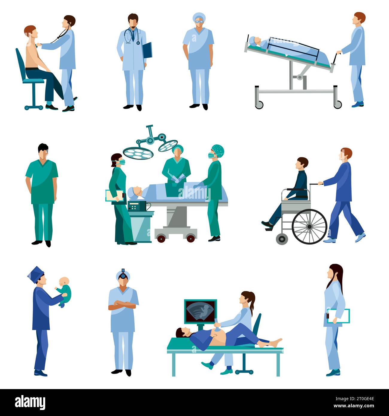 Medical professionals at work in operation room flat icons set with ...