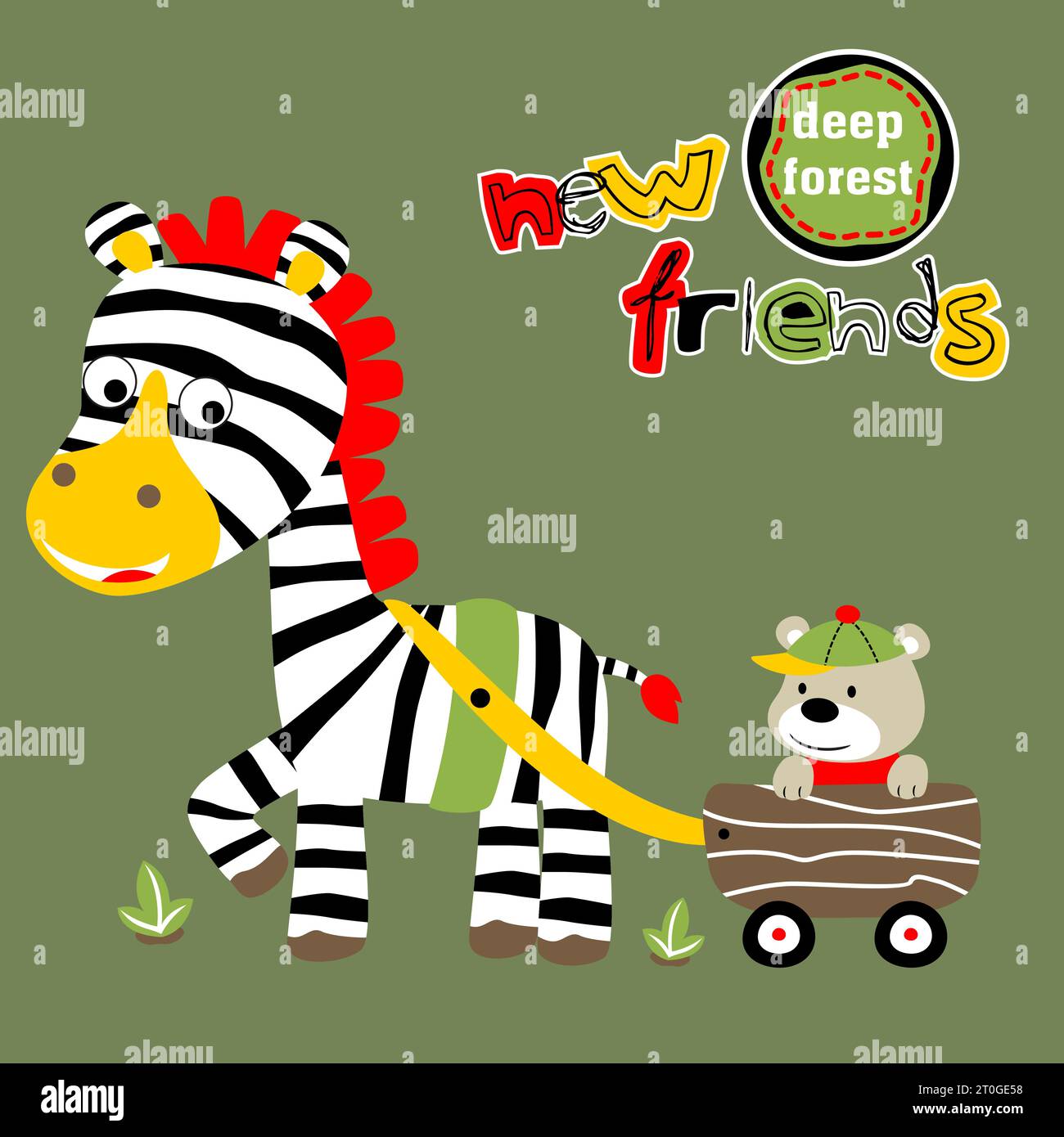 Cute zebra pulling little bear on cart, vector cartoon illustration ...