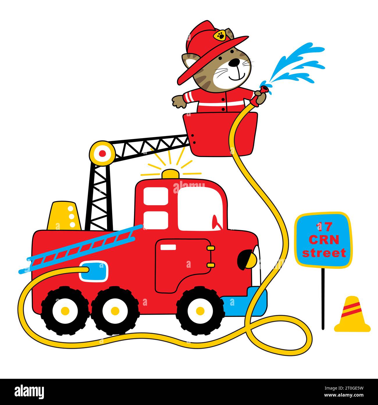 Funny cat spraying water from firetruck, vector cartoon illustration ...