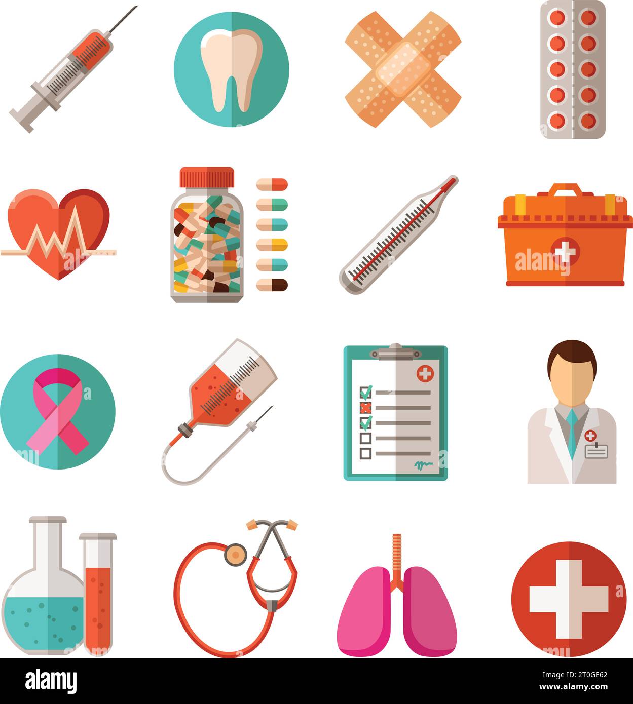 Flat icons set of medical equipment pharmaceutical products and health ...