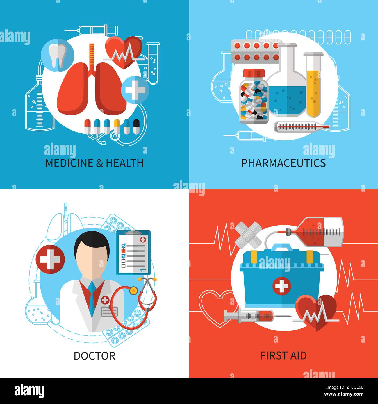 Health and medical care design concept set with first aid tools vector ...