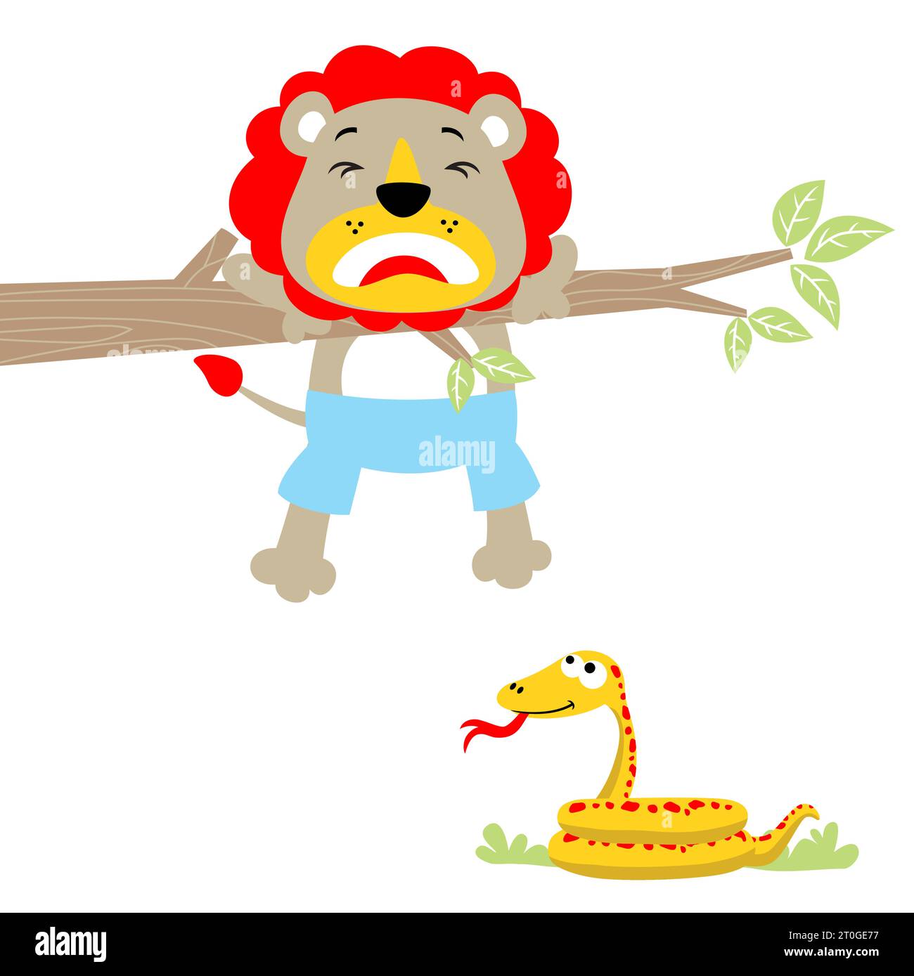 funny lion climbing tree afraid with a snake, vector cartoon ...
