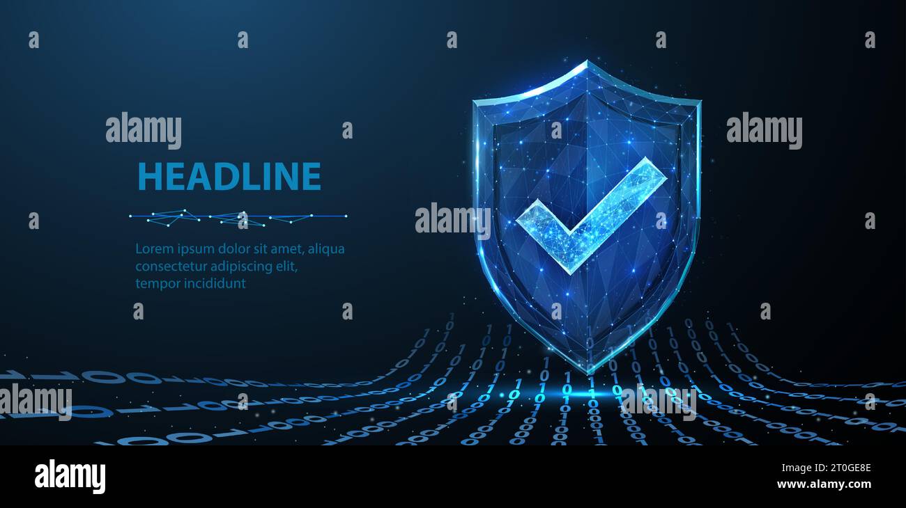 Secure technology. Polygonal wireframe shield with check mark sign on dark blue Stock Vector ...