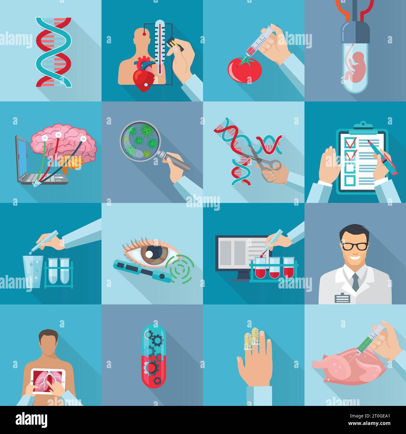 Flat color isolated biotechnology icons set with dna molecule ...