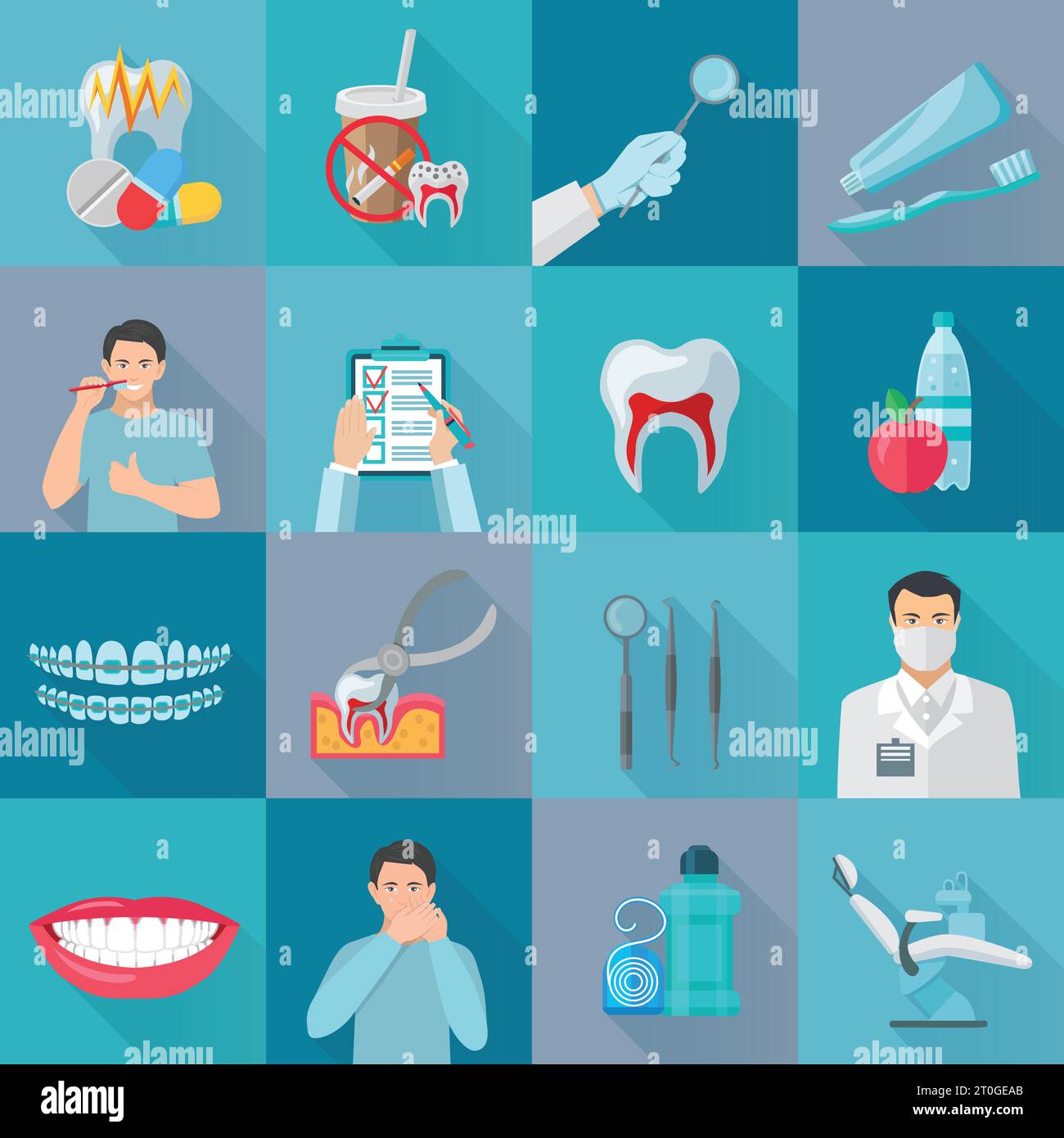 Flat color shadow dental icons set with instruments for teeth treatment ...
