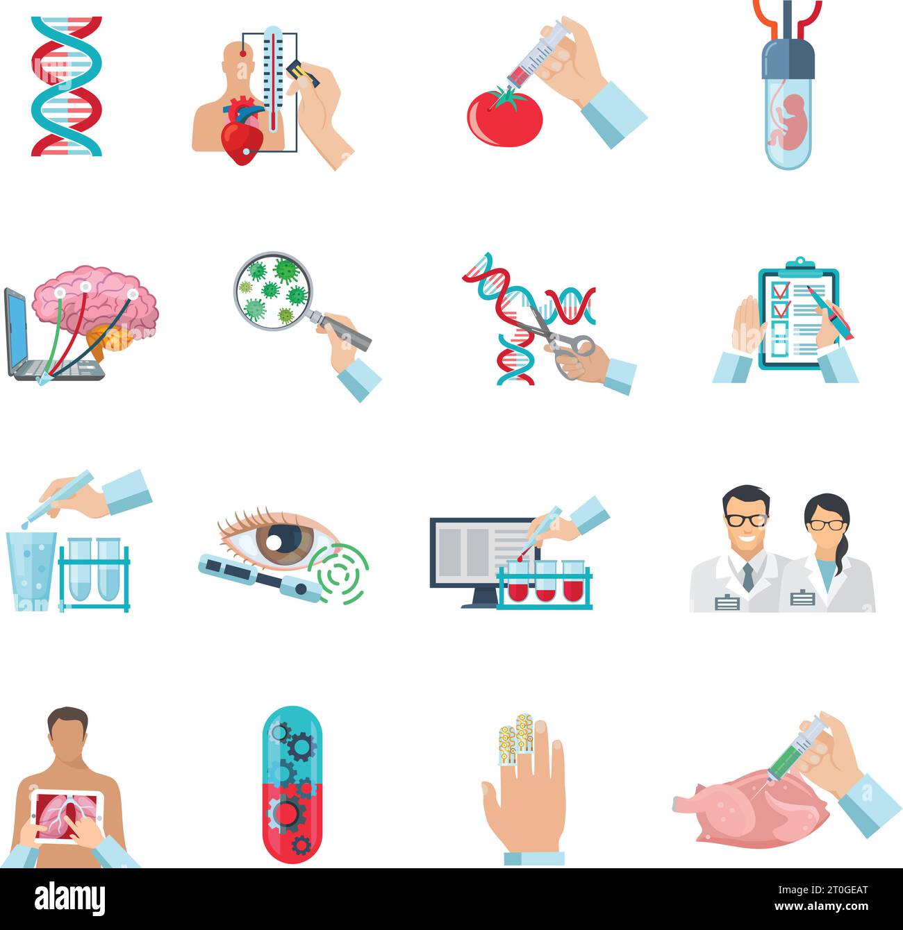 Flat color scientific icons set of biotechnology genetic engineering ...