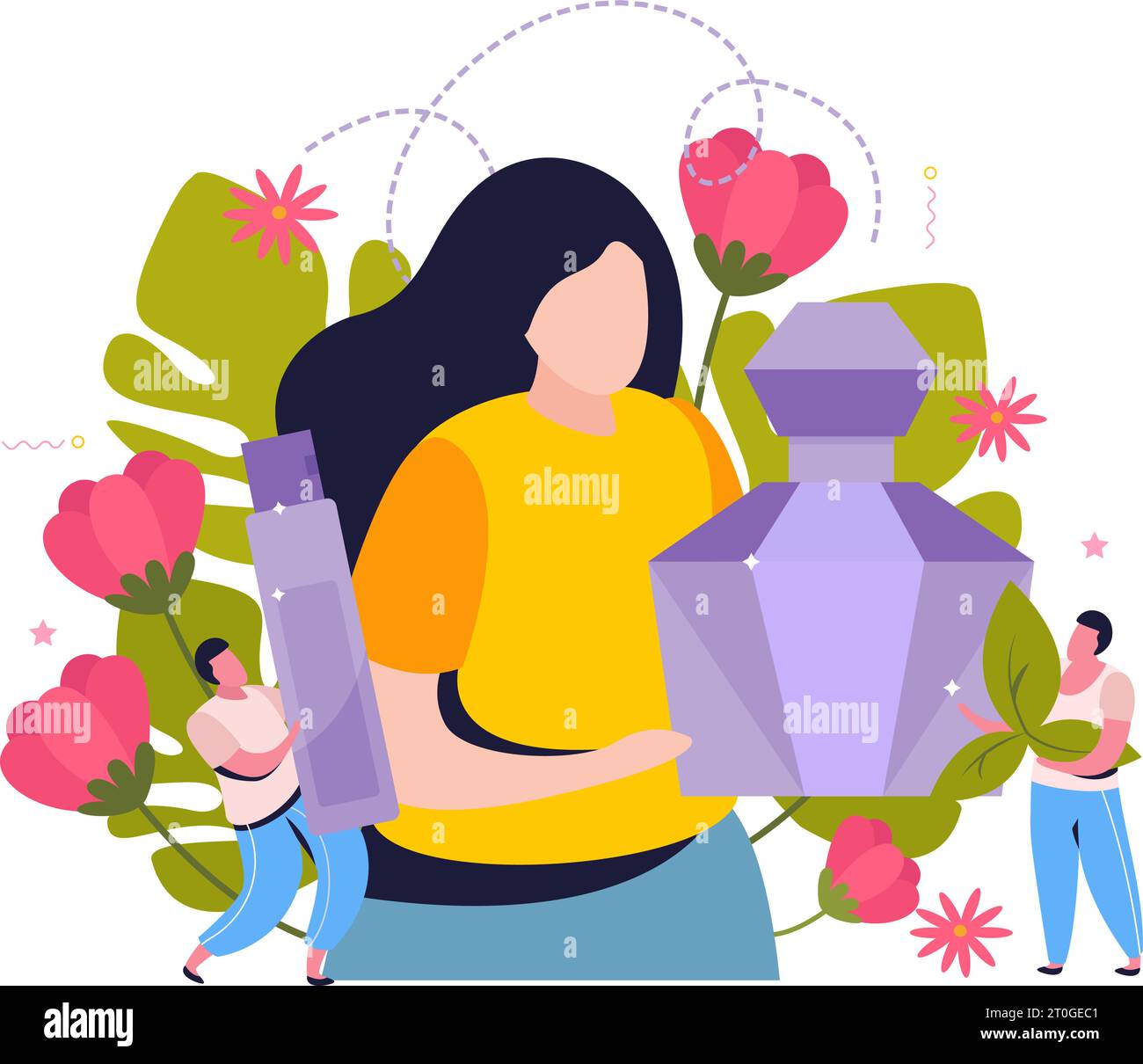 Perfume flat background with composition of faceless human characters ...
