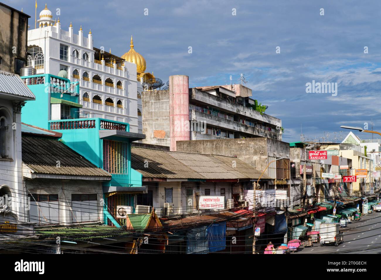 View over Pahurat (Phahurat / Pahurad) market area with the golden dome ...