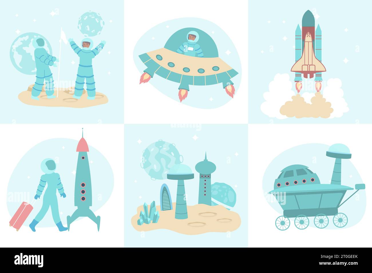 Space set of six square compositions with flat views of another planet ...