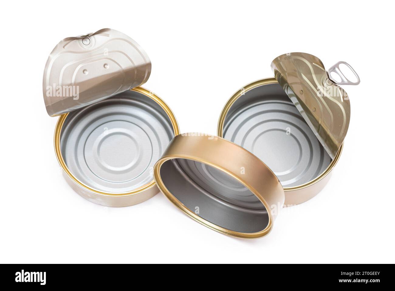 Three Opened Empty Tin Cans Isolated on White Background. Clean Used ...