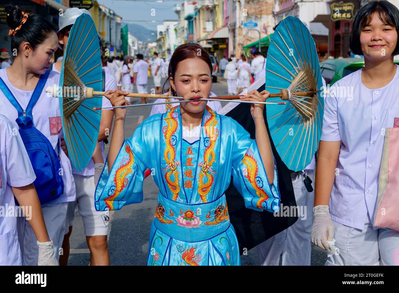 A procession during the Vegetarian Festival in Phuket Town, Thailand, a ...