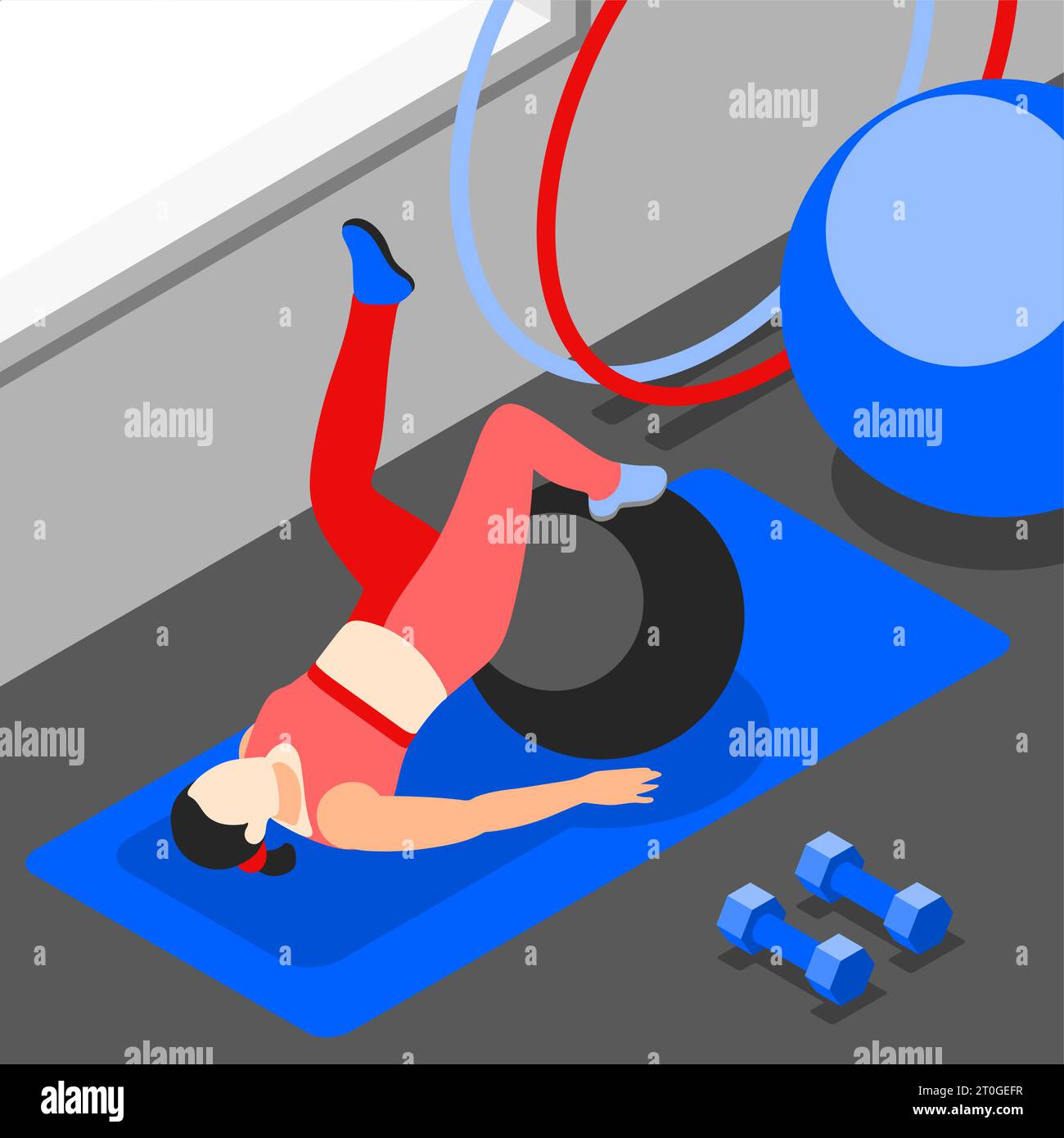 Fitness ball workout isometric background with character of lying girl ...