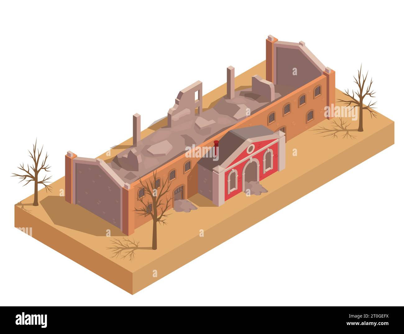 Ruined destroyed city building and burned trees isometric vector ...