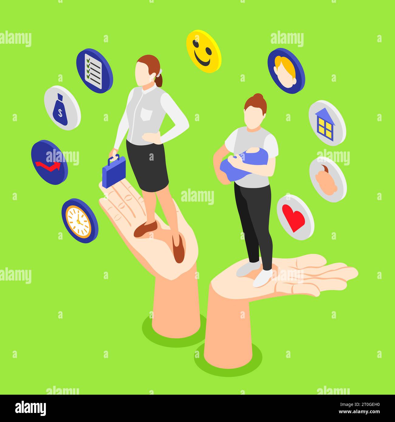 Work life balance isometric concept with two hands holding ...
