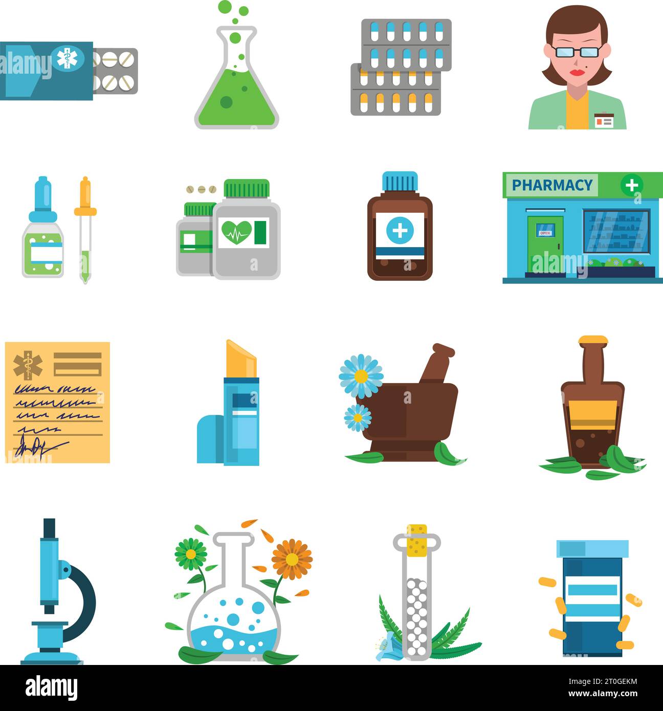 Pharmacy icons set with medical shop buildings and medicines isolated ...