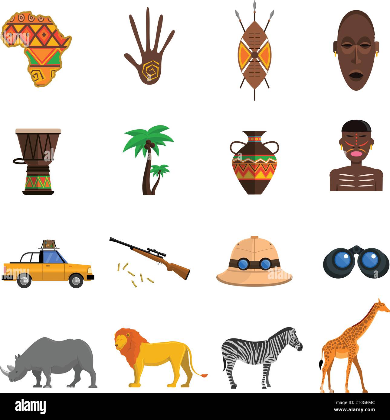 Safari flat icons set with african animals and hunting equipment ...