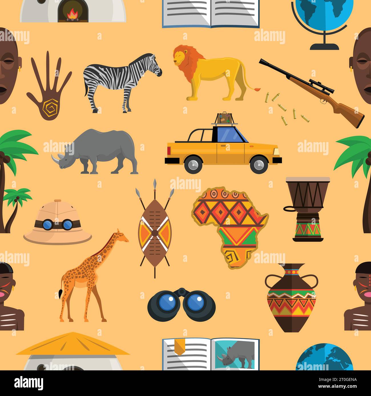 Africa seamless pattern with hunting equipment and safari animals ...