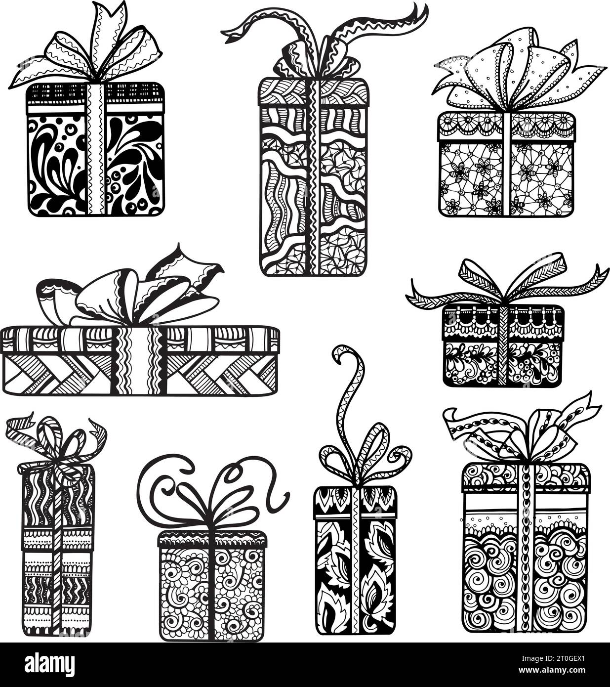 Holiday season presents and gifts boxes wrapped in festive doodle style ...