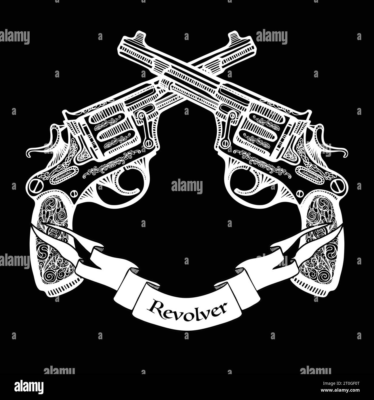 Hand drawn white crossed pistols in vintage style with ribbon on black ...