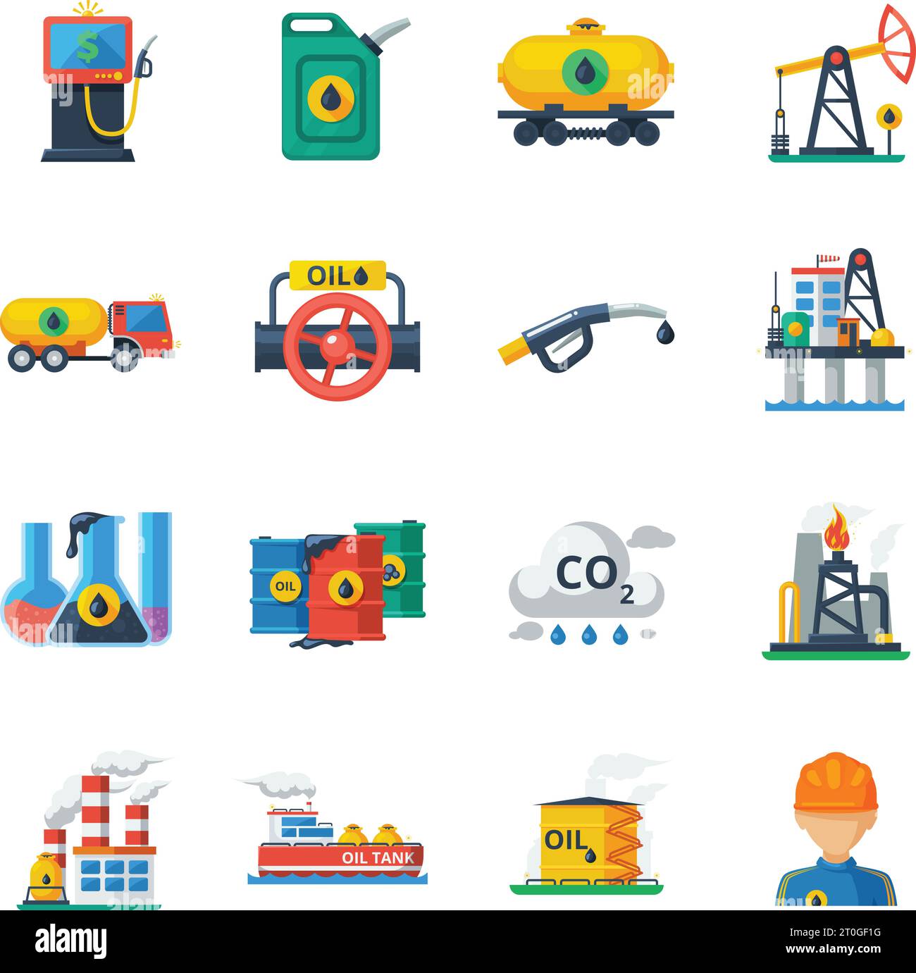 Oil industry icons set with fuel and petrolemum processing and ...