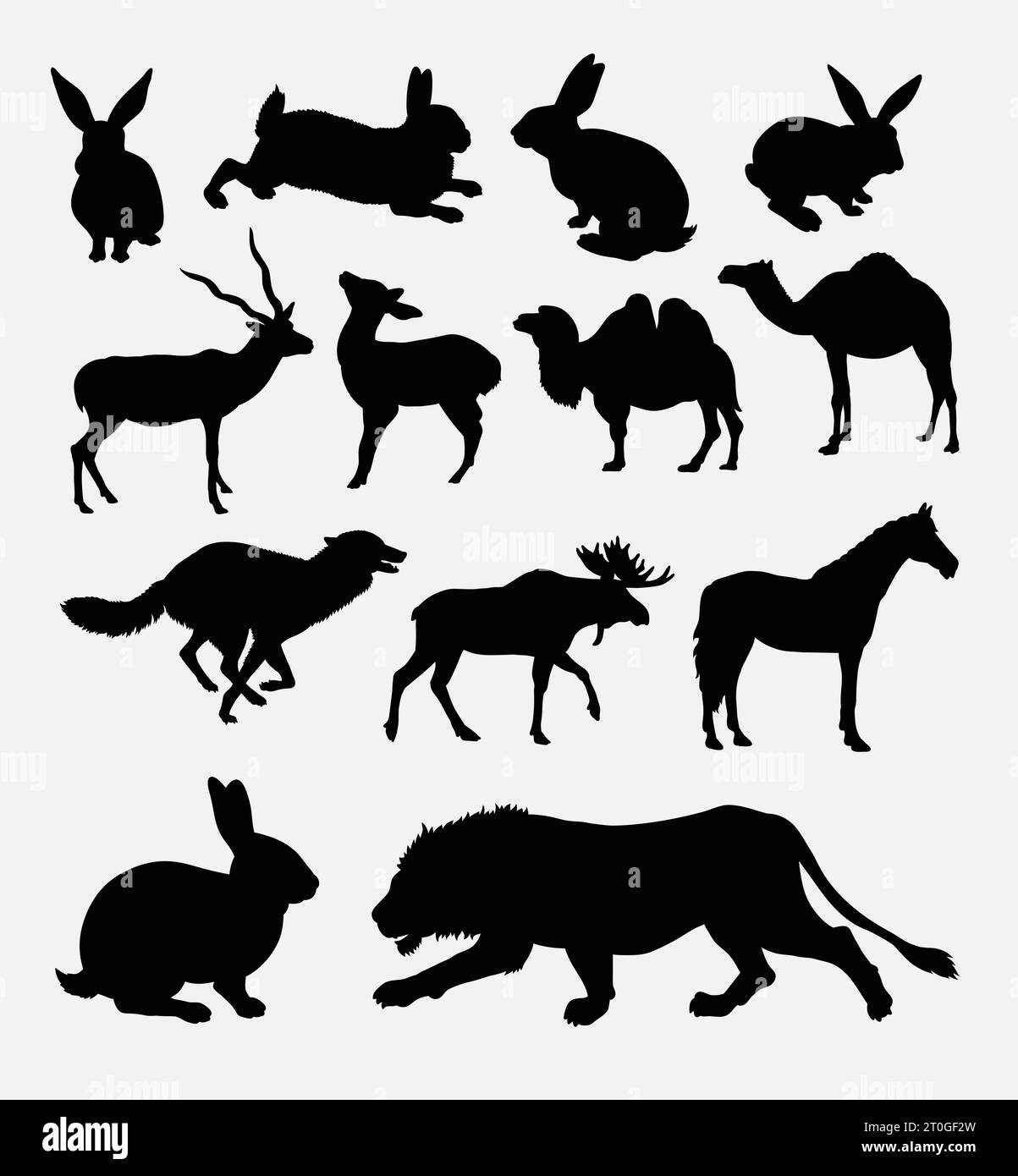 rabbit, deer, camel, horse and lion wild animal silhouette Stock Vector ...