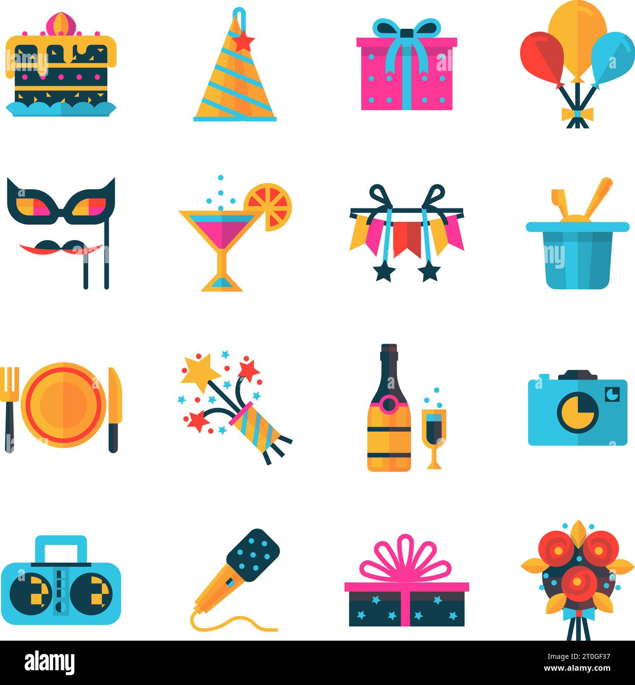 Flat color party icons set with gift box bouquet balloons and bottle of ...