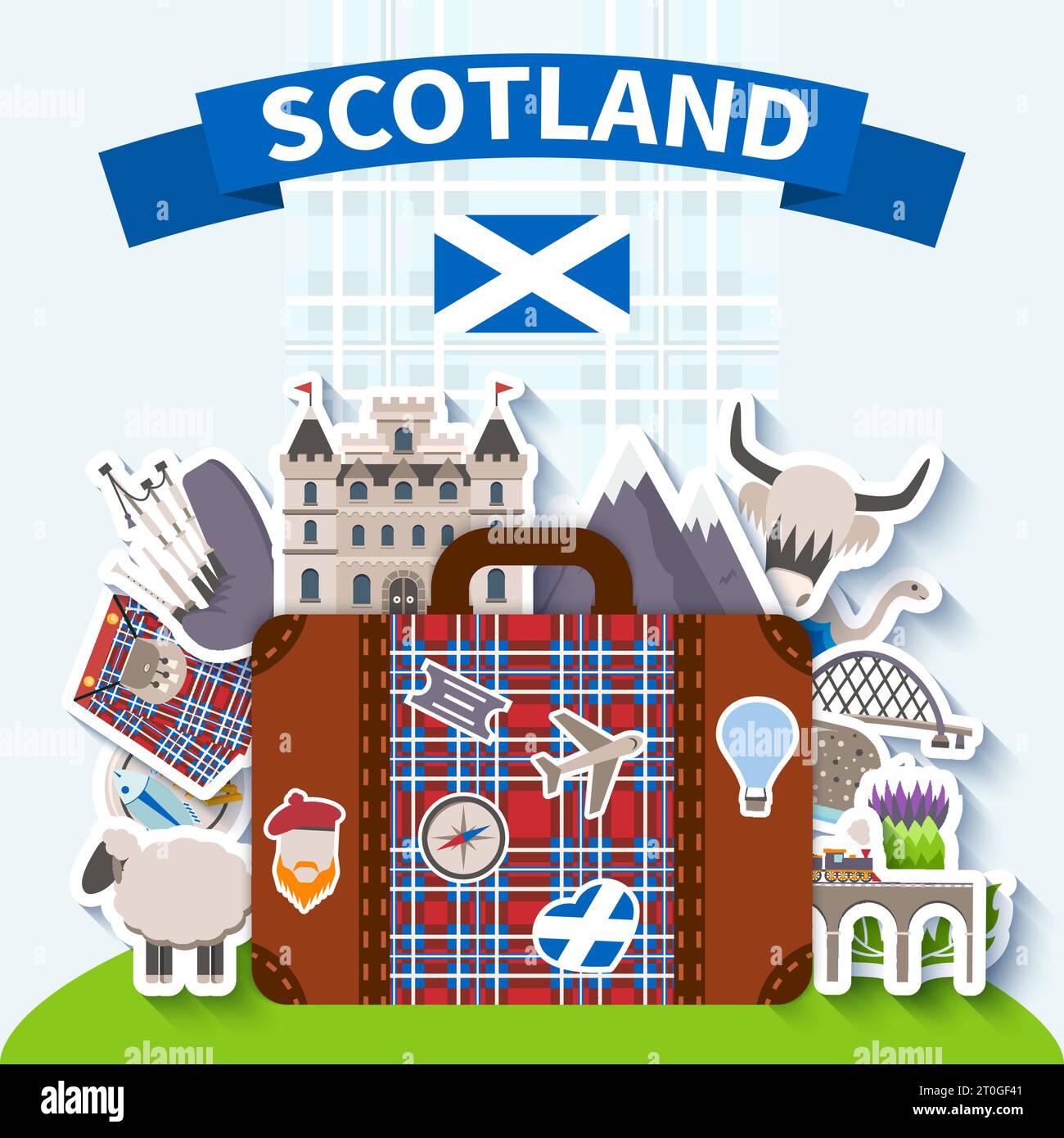 Scotland travel background with national symbols and nature flat vector ...