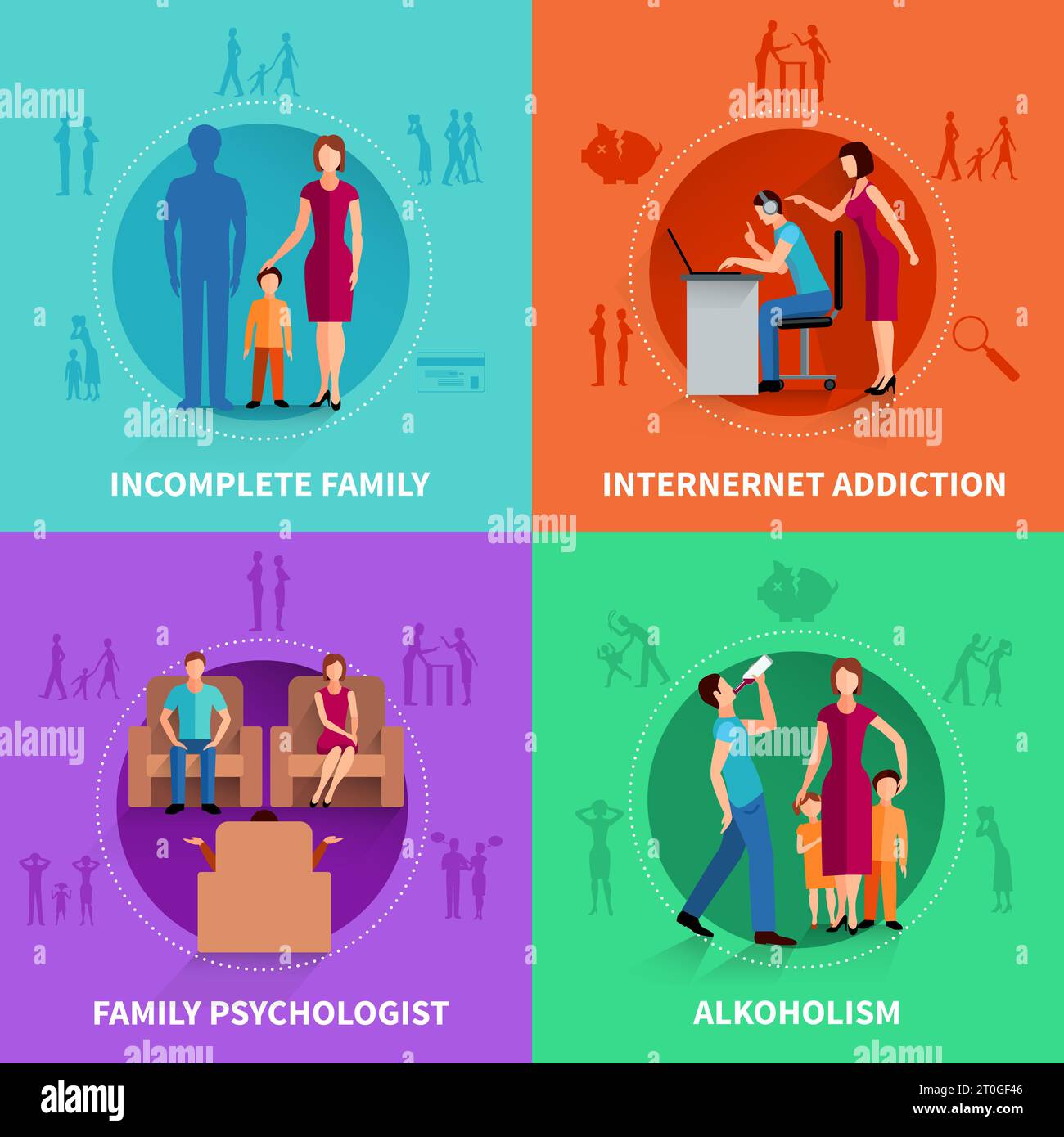 Psychological causes of family conflict flat design concept set vector ...