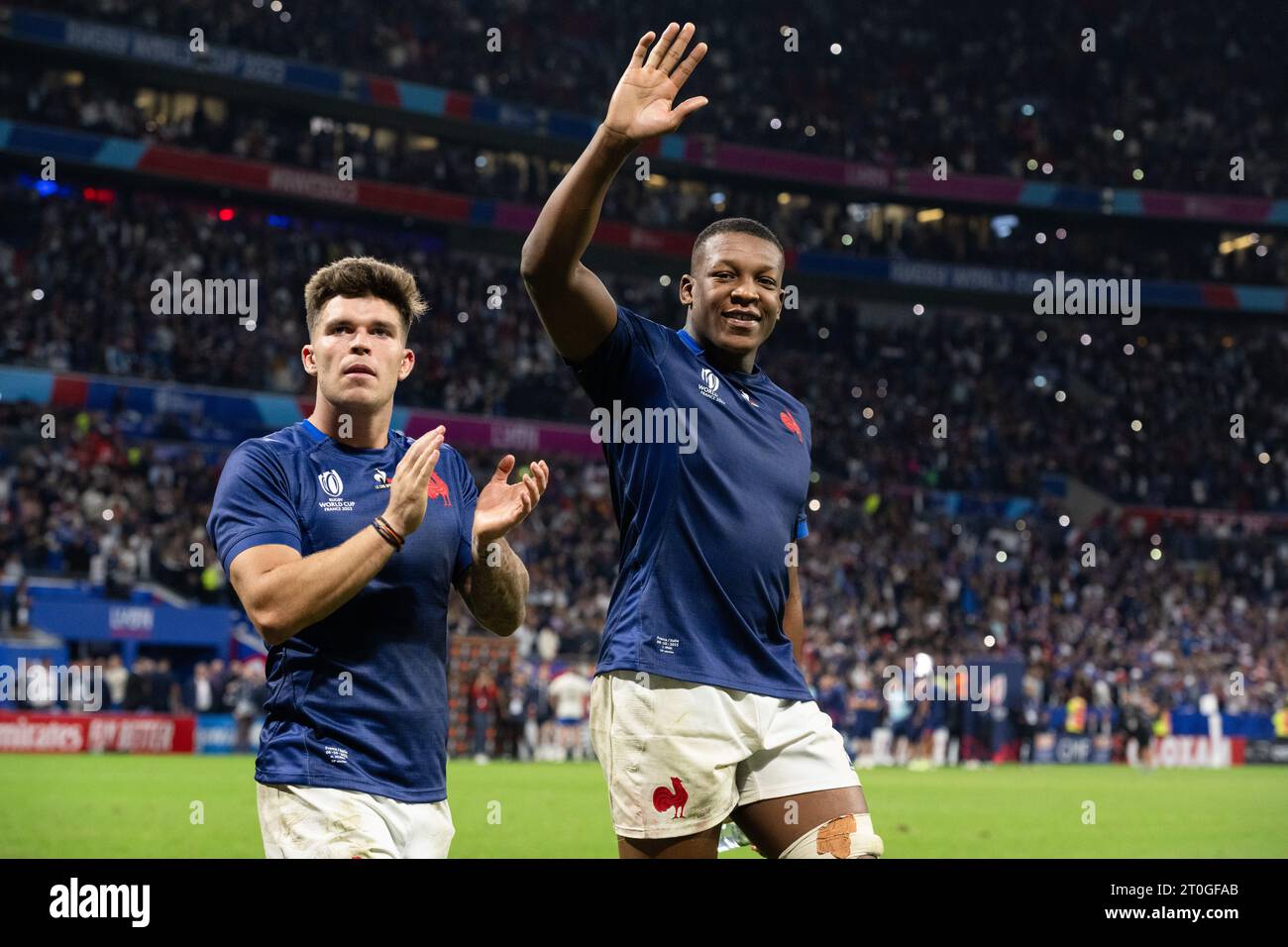 (L-R) Matthieu Jalibert(FRA), Cameron Woki(FRA) celebrate at the end of ...