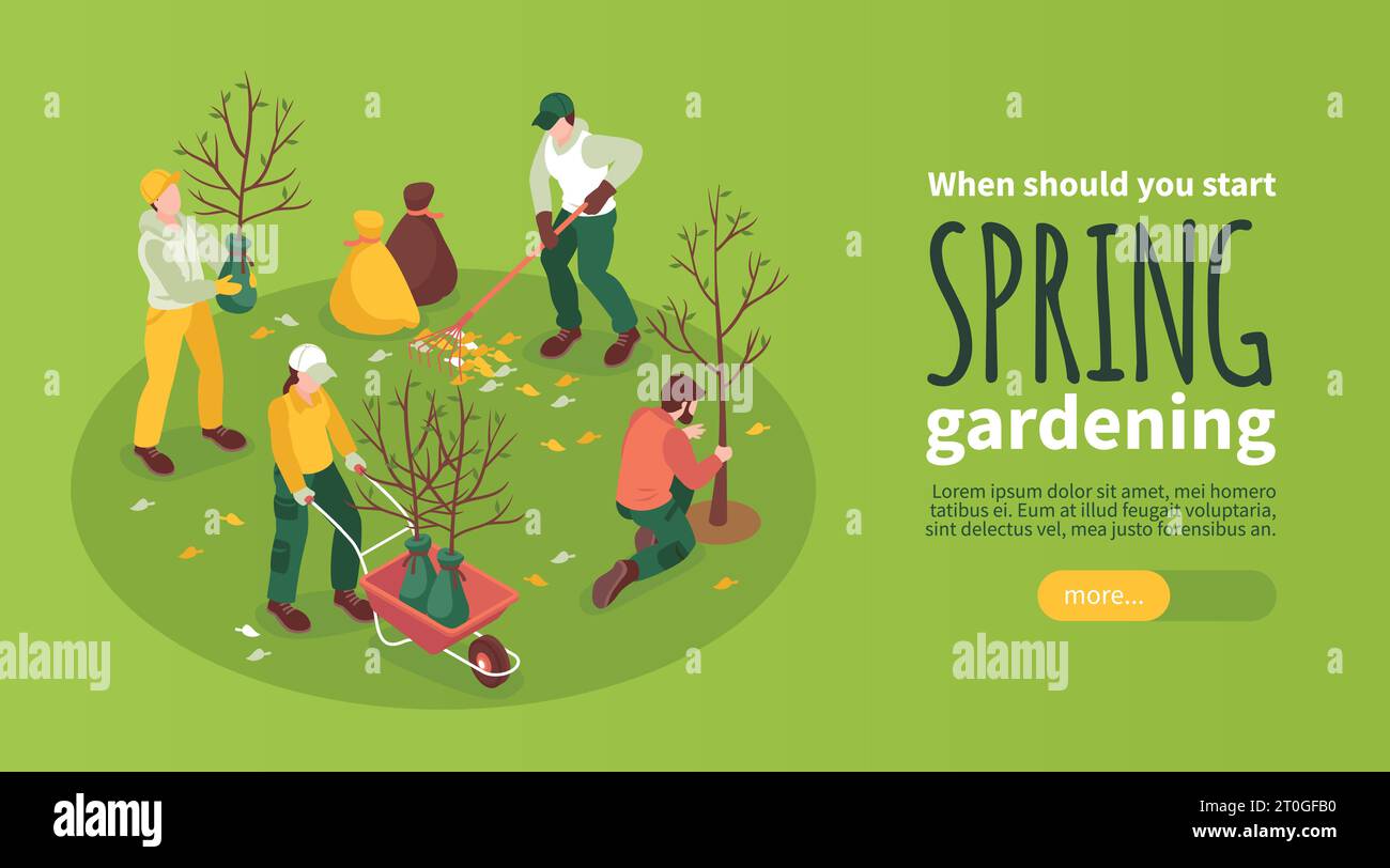 Spring gardening isometric horizontal web banner with faceless ...