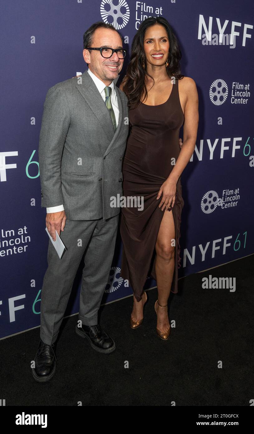 Christian Vesper and Padma Lakshmi wearing dress by Acne Studios attend ...