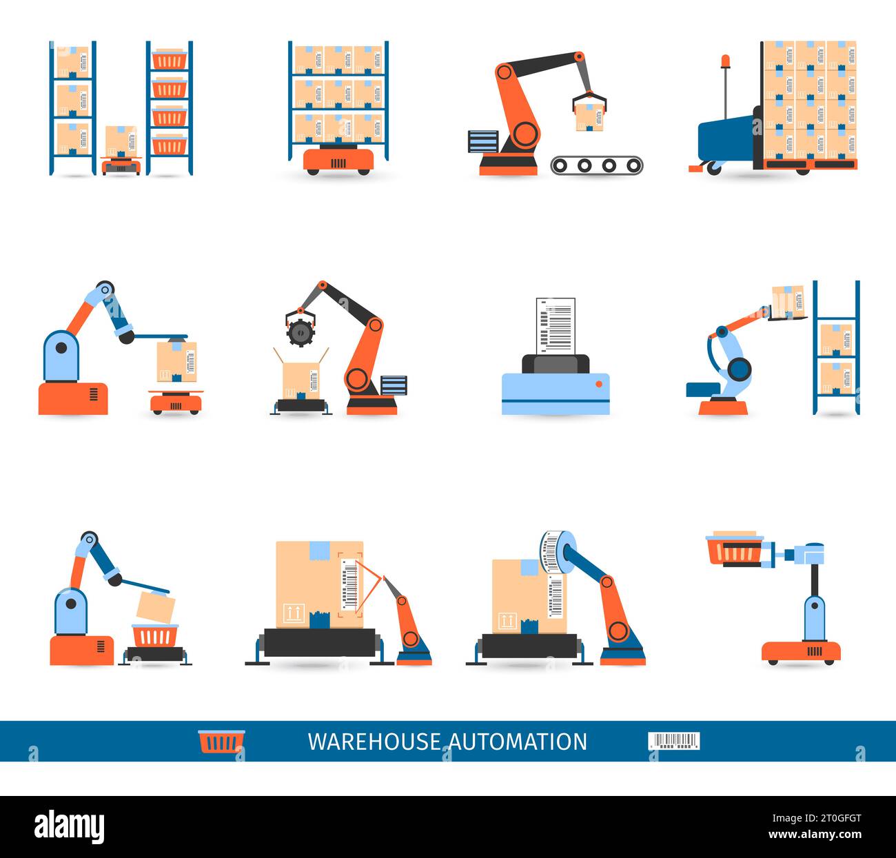 Warehouse Robots For Loading And Unloading Icons Set Flat Isolated Vector Illustration Stock 