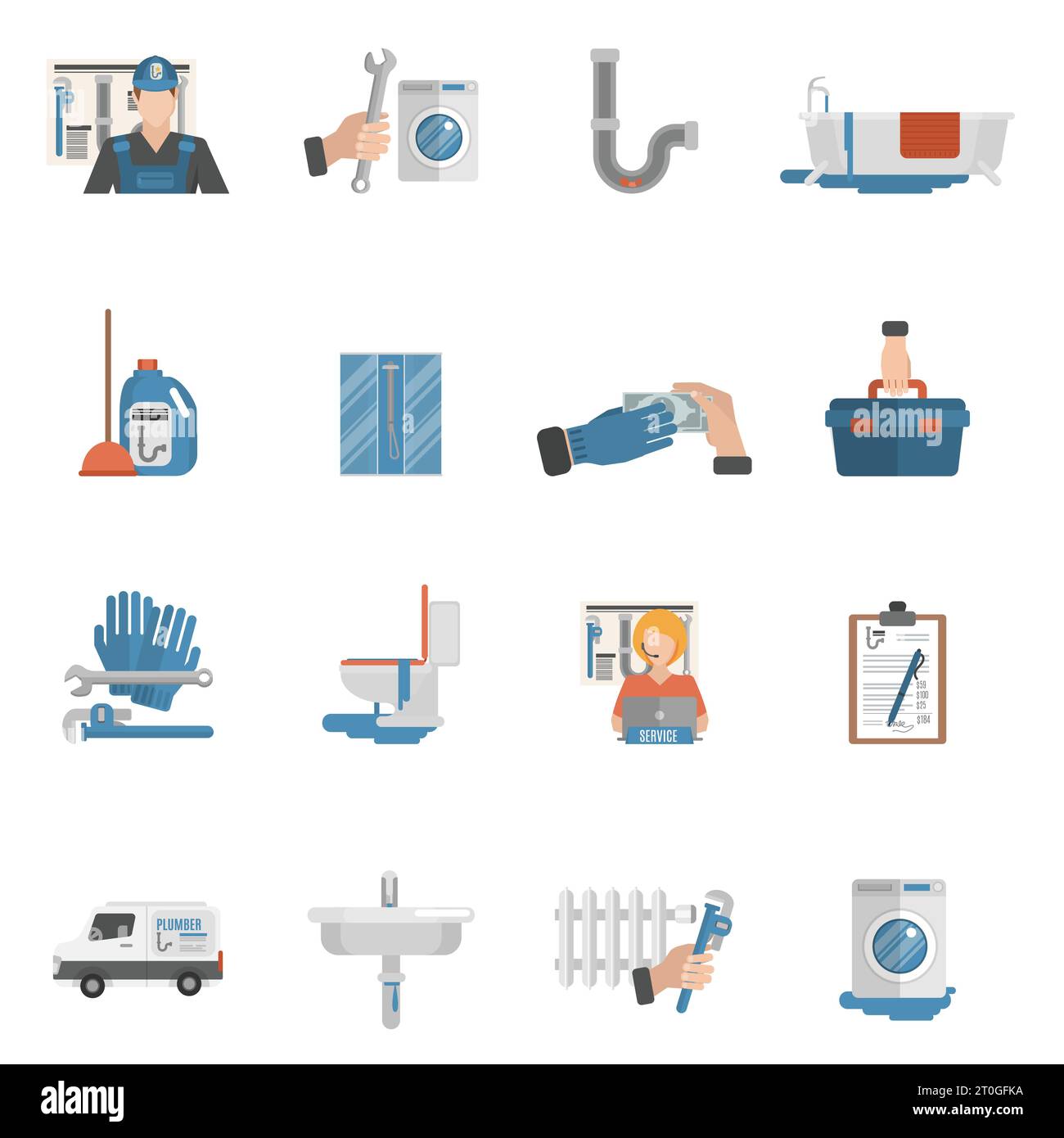 Plumber flat icons collection with online service operator and bathroom ...