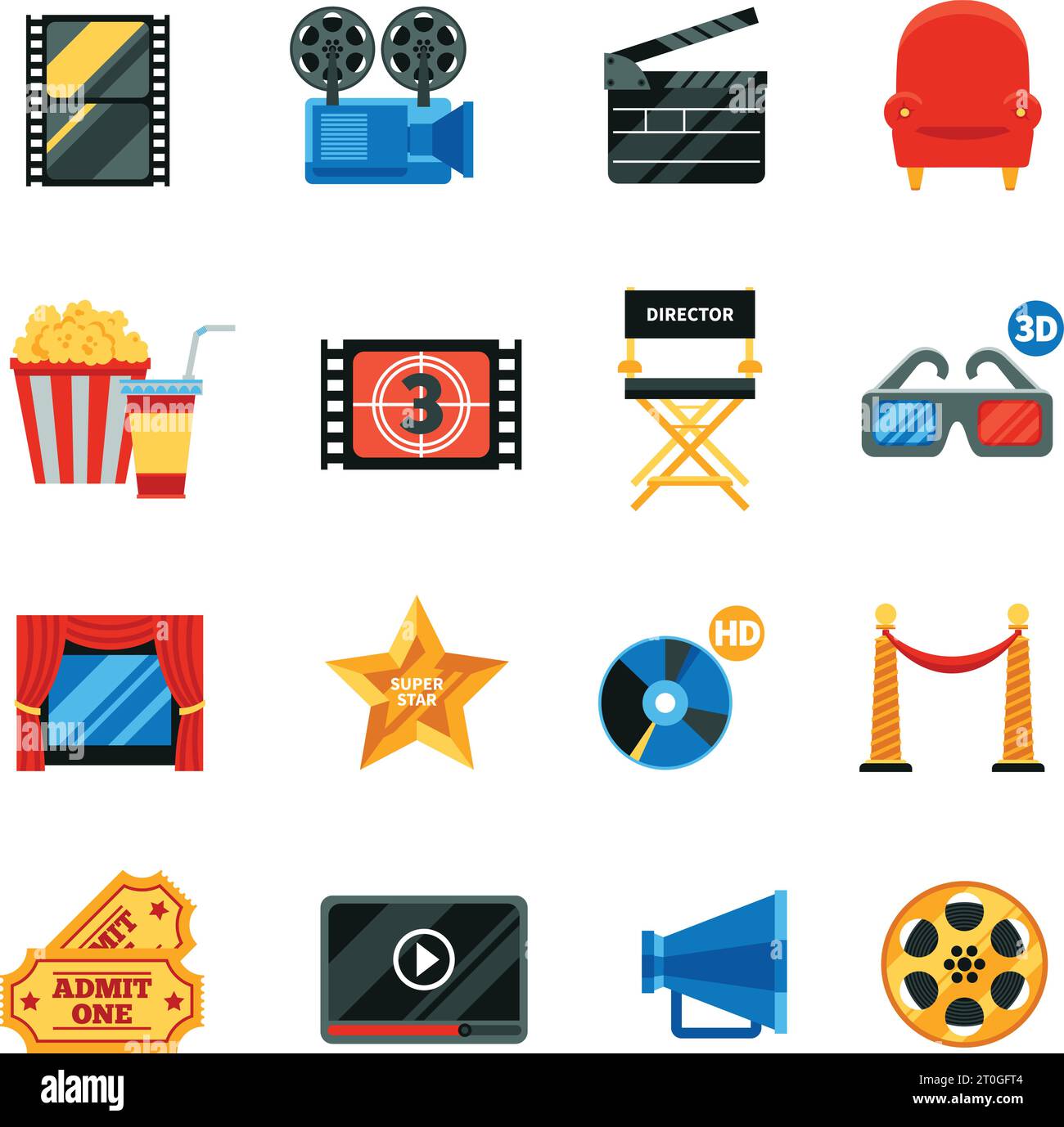 Decorative flat cinema icons set with film festival symbols and ...