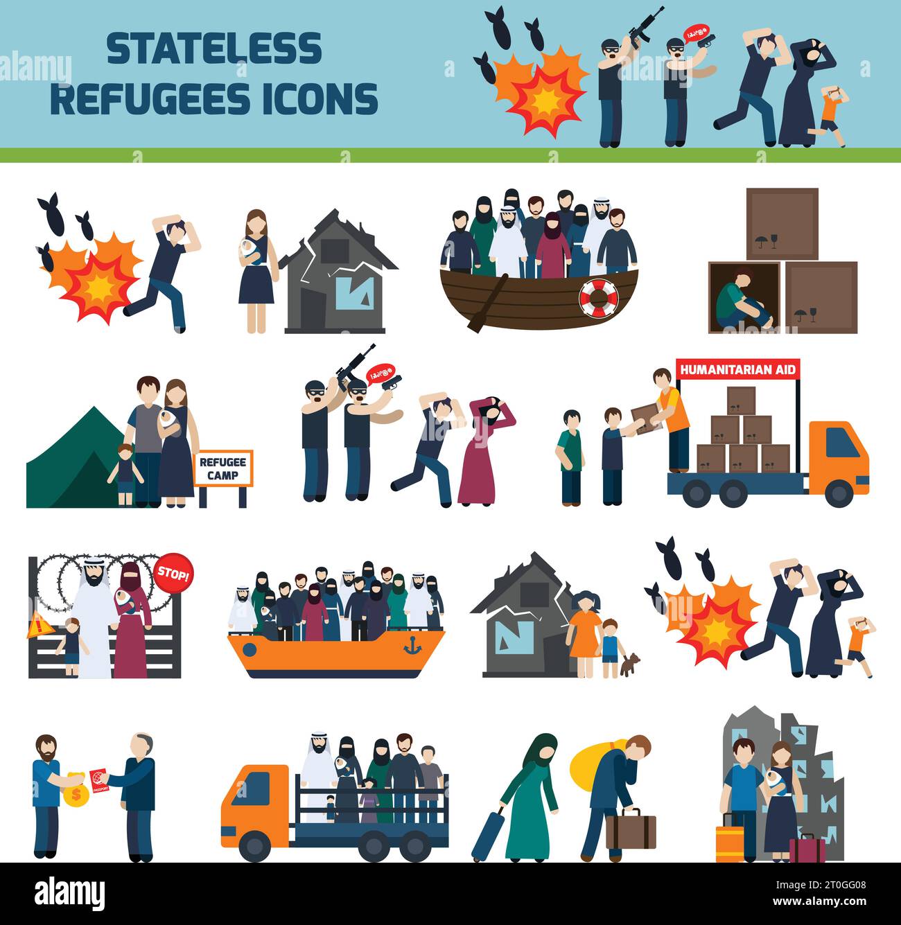 Stateless refugees icons set with illigal immigrants isolated vector ...