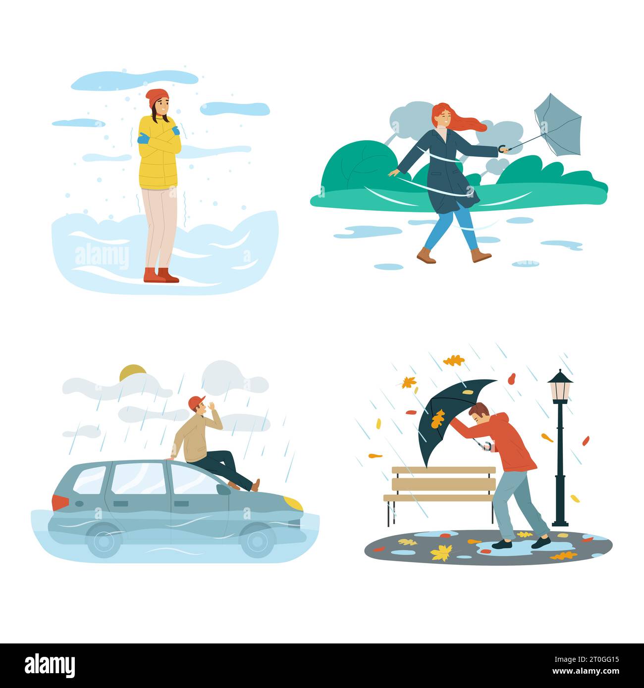 Four bad weather people flat icon set high winds and rain create ...