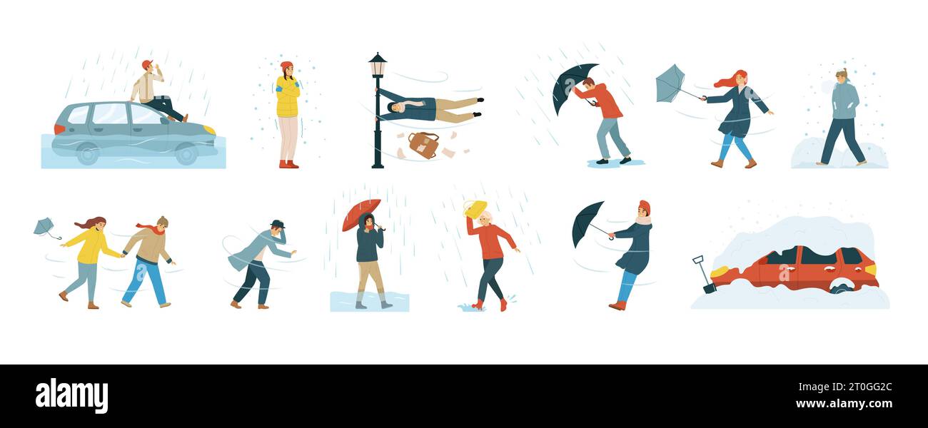 Isolated bad weather people flat icon set with strong wind snow and ...