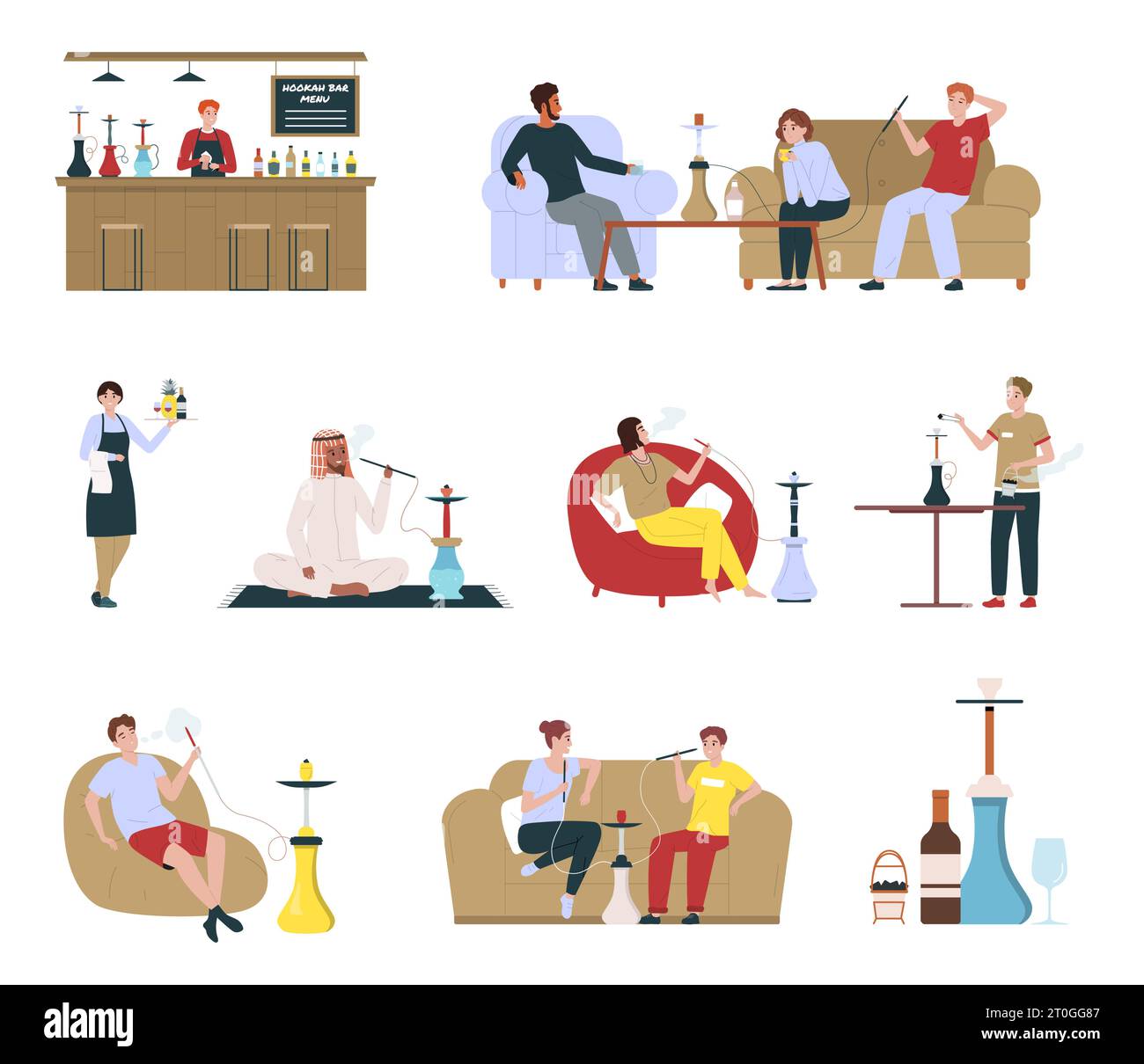 Isolated colored hookah bar flat icon set the bartender stand stands ...