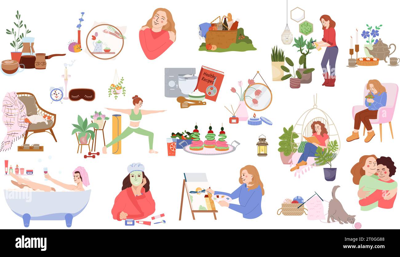 Self care icons set with hobby symbols flat isolated vector ...