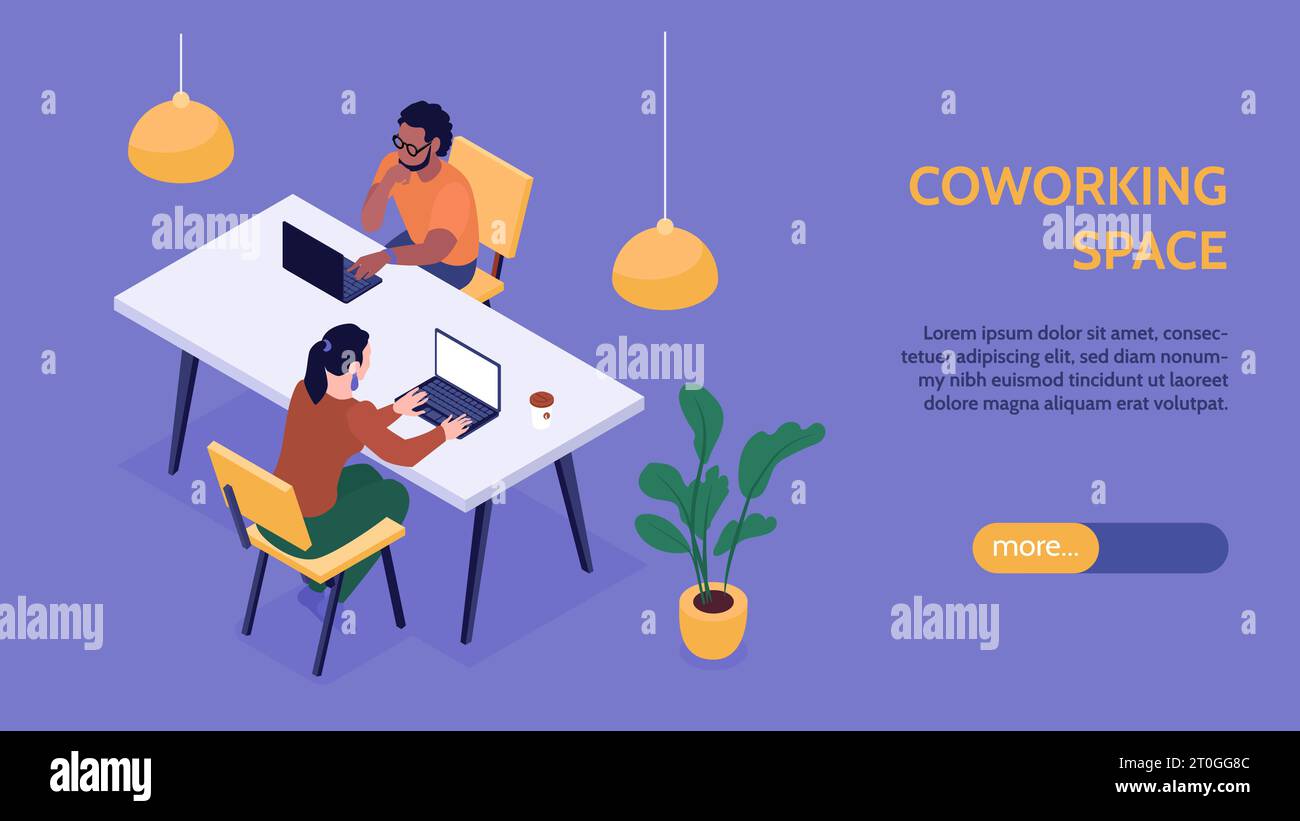 Isometric freelancer horizontal banner with slider more button editable ...