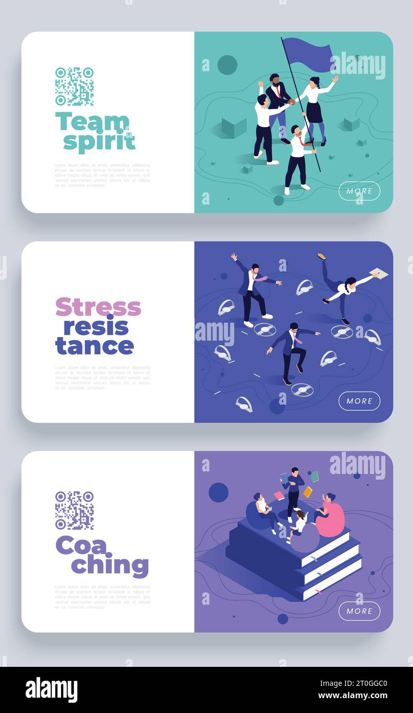 Three horizontal isometric soft skills teamwork stress resistance coaching banners set with qr ...