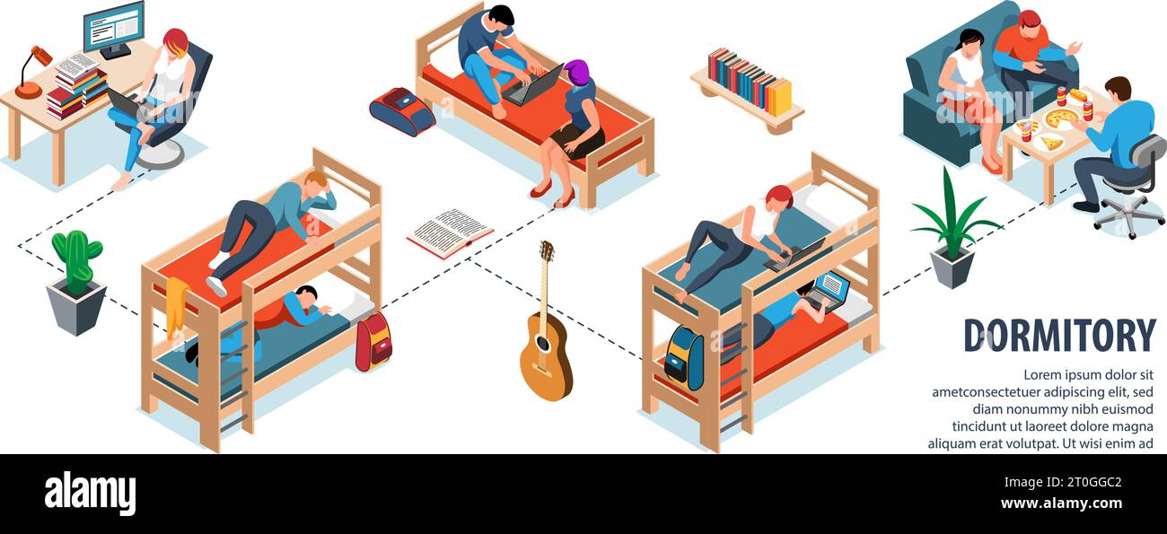 Student dormitory isometric infographics with male and female ...
