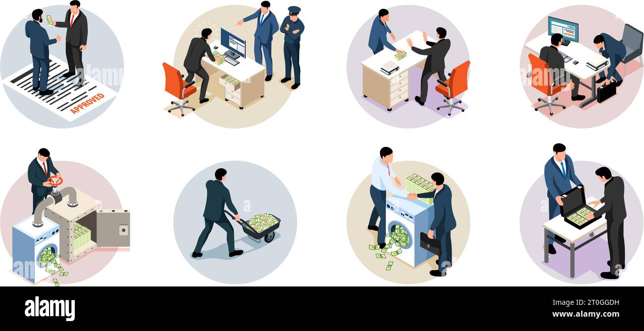 Money laundering isometric round compositions depicting bribery ...