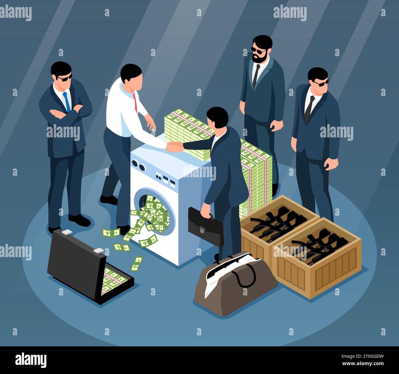 Money laundering isometric illustration with criminals selling weapons ...